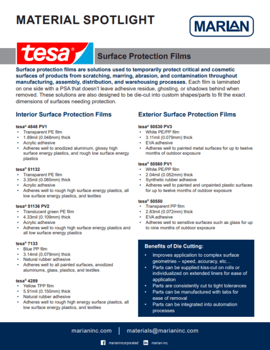 Die Cut Surface Protection Film Solutions by Marian